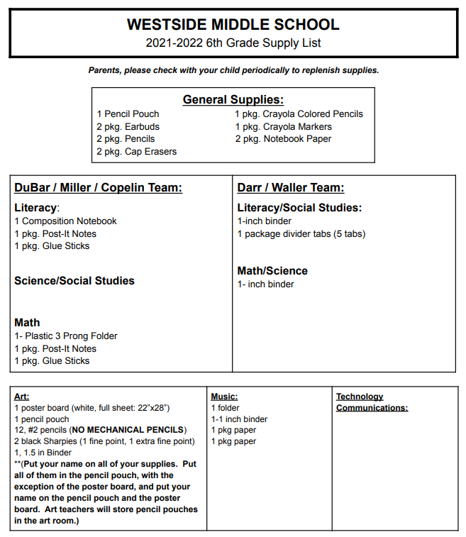 Westside Middle School Supply Lists For 2021 2022 Westside Middle School